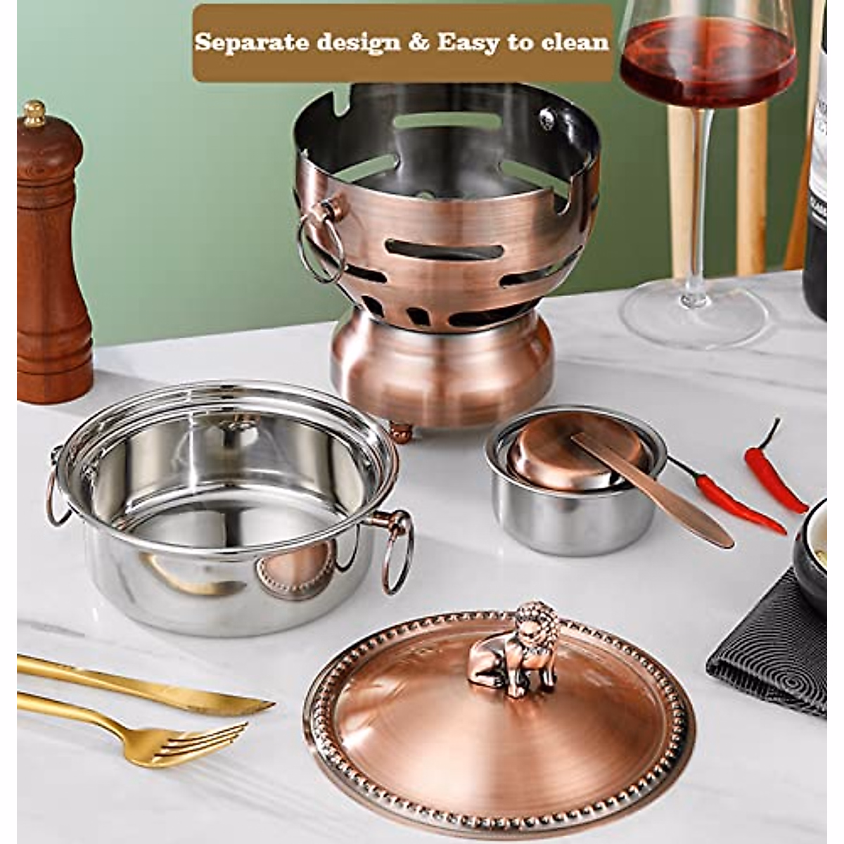 304 Stainless Steel Stockpot Shabu Shabu Hot Pot Set Retro Separation Alcohol Hotpot Chafing Dishes Single Serving Pot with Heatproof Handle, 1L / Copper