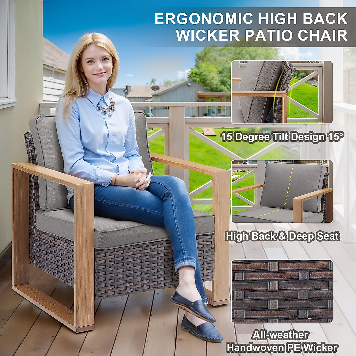 Belord 5 Piece Outdoor Wicker Patio Conversation Furniture Set Deep Seating, Metal Wide Armrests Patio Sofa Set with Rattan Chairs Ottomans for Porch Deck Sunroom Backyard