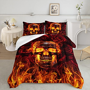 AILONEN Sugar Skull Comforter Set Twin Size,Red and Black Fire Skull Bedding Set,Romantic Red Rose Gothic Skeleton Comforter with 2 Pillowcases,3-Piece
