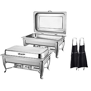 CHEFQ [2 Pack| 8Qt Deluxe Hinged Chafing Dish Foldable Frame Buffet Chafer Stainless Steel Food Warmer and 2 Aprons