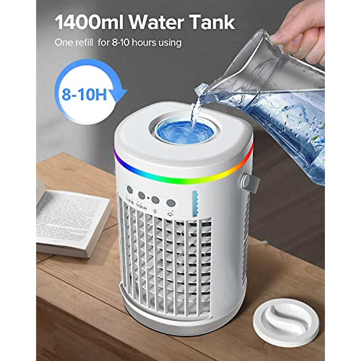 Portable Air Conditioners,ovolta 1400ml Evaporative Air Cooler 3 Speeds,USB Personal Air Conditioner with 7 LED Light,Portable AC Air Conditioner for Room Kitchen Office Desk Bedroom Camping (white)