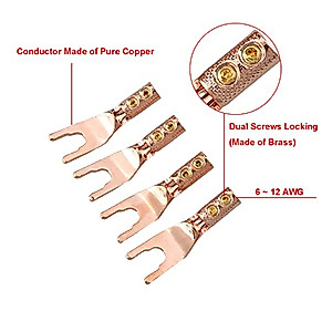 Speaker Spade Plug Connectors, Screw Locking Speaker Wire Connector with Allen Wrench+Heat Shrink Tubing, Fork Y Spade Lugs 45 Degree for Speaker Wire DIY 4PCS (Pure Copper Knurled Style)