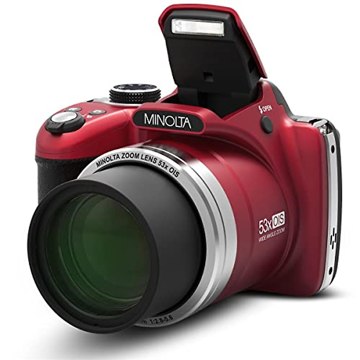 Minolta MN53Z 16MP FHD Digital Camera with 53x Optical Zoom, Wi-Fi, Red Bundle with Shoulder Bag, Octopus Tripod, 32GB SD Card, Reader, Card Case, Cleaning Kit