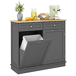 Giantex Tilt Out Trash Cabinet 15.5 Gallon, Wooden Laundry Room Cabinet, 2 Drawers, Storage Cabinet, Recycling Trash Cabinet, Kitchen Island with Garbage Can Holder, 39.5" x 14" x 35.5", Gray
