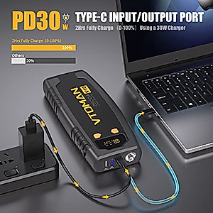 VTOMAN V10 Jump Starter, 2500A for 9L Gas and 7L Diesel Engine with PD30W Two-Way Quick Charge, Car Battey Charger Jump Box Portable, 12V Auto Battery Booster Power Pack with Jumper Cable WorkLight