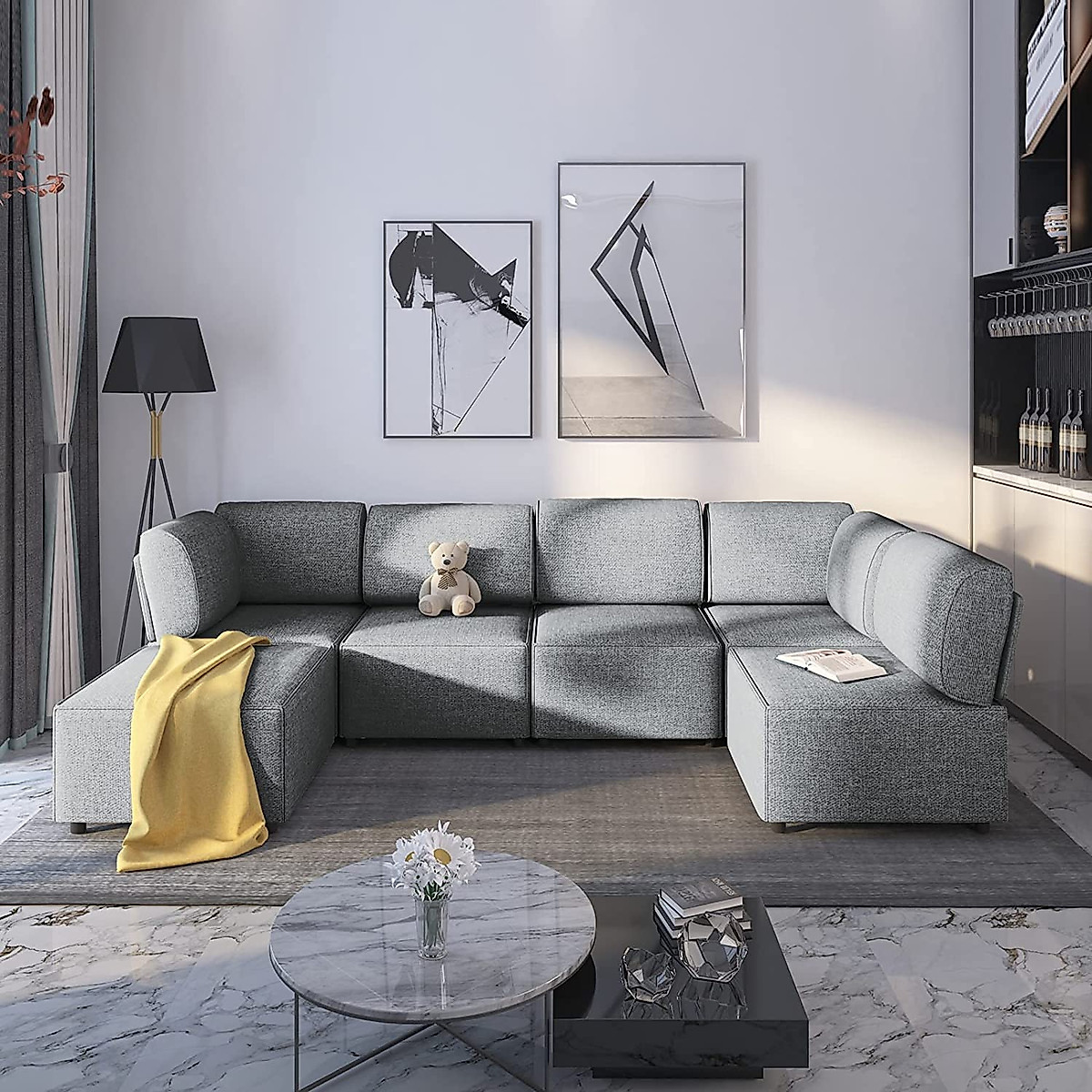 Mjkone Sleeper Sectional Sofa Bed Convertible U Shaped Sofa with Ottoman Linen Fabric L Shaped Couch Variable Modular Sectional Sofa Couches for Living Room Apartment Small Space, Light Grey