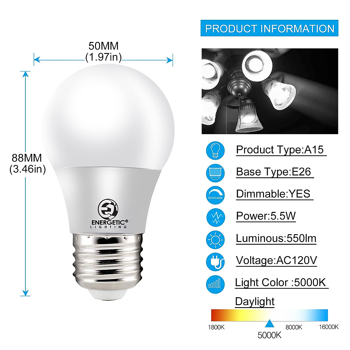 Energetic A15 Refrigerator Bulbs 40 Watts Equivalent (5.5W), LED Appliance Dimmable Light Bulbs, Daylight 5000K, E26 Base, UL Listed, 6 Packs