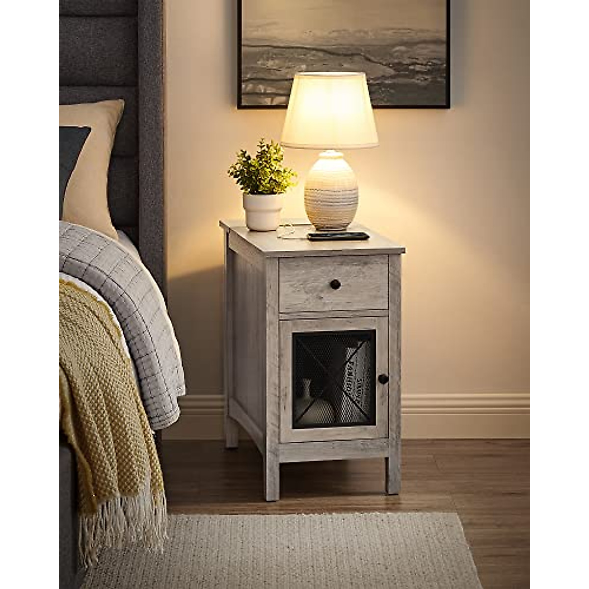 VASAGLE Side Table with Storage, End Table with USB Ports and Outlets, Nightstand with Charging Station, Drawer, Storage Cabinet, Magazine Rack, for Living Room, Bedroom, Greige