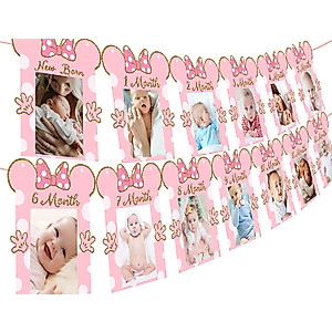 Cartoon Mouse Photo Banner Pink and Gold Newborn to 12 Month Birthday Banner for Cartoon Mouse Themed 1st Birthday Decorations Supplies