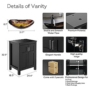 ARTETHYS 24 inch Bathroom Vanity Set - Combo MDF Sink Cabinet Vanity with Counter Top Glass Vessel Sink Vanity and 1.5 GPM Faucet (Single Vanity+Oval Golden Sink)