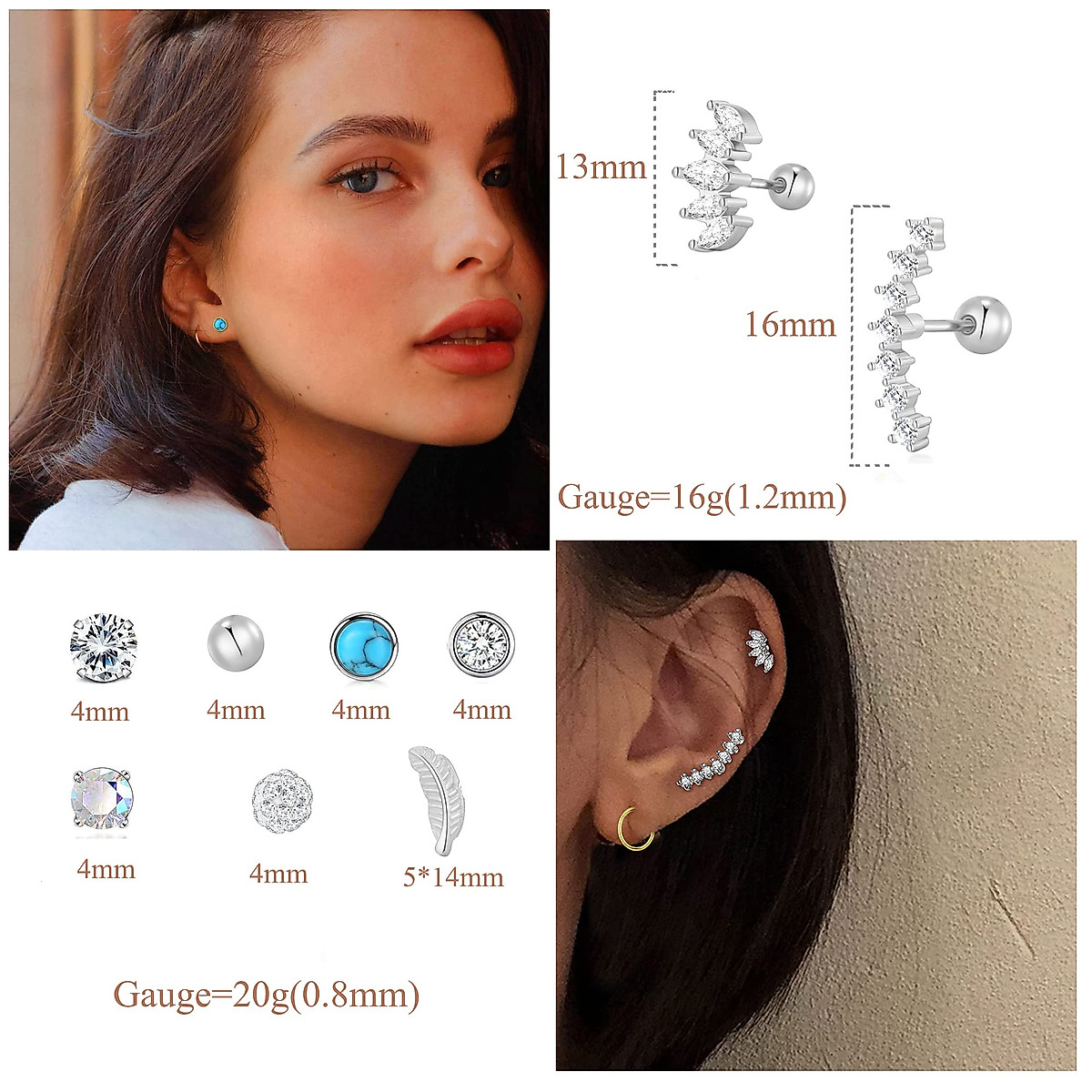 PLOMFOV 13Pairs 20G Cartilage Earrings for Women Men CZ Feather Barbell Earrings Stainless Steel Cartilage Hoop Earring 16G Tragus Conch Helix Piercing Jewelry Silver Tone