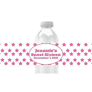 Personalized Water Bottle Labels, Birthday Party Favors, Pink Star Design, Pack of 25 Peel and Stick Waterproof Wrappers
