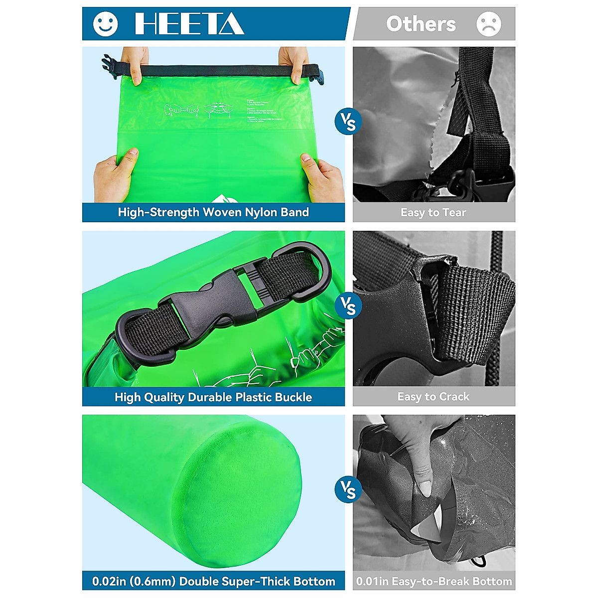 HEETA Waterproof Dry Bag for Women Men, Roll Top Lightweight Dry Storage Bag Backpack with Phone Case for Travel, Swimming, Boating, Kayaking, Camping and Beach, Transparent Green 20L