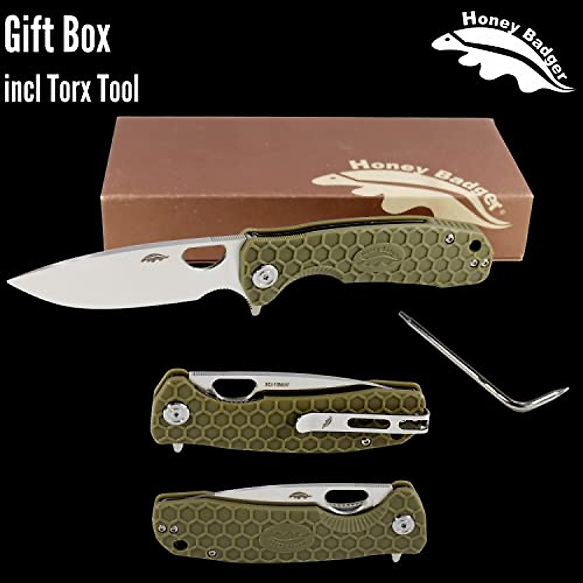 Honey Badger Drop Point Pocket Knife - 3.19" Folding Pocket Tactical Knife for Women & Men, Drop Point Blade Camping Knife, Stainless Steel Pocket Knife for Utility Work (Green, 8Cr13Mov, 3.19"/81mm)