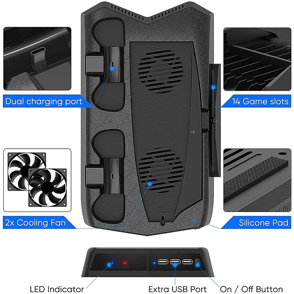 OSTENT Multi-Function Vertical Stand, Charging Station Dock, Cooling Fan, Retractable Game Storage Bracket for Sony PS5 Disc/Digital Edition Console DualSense Controller