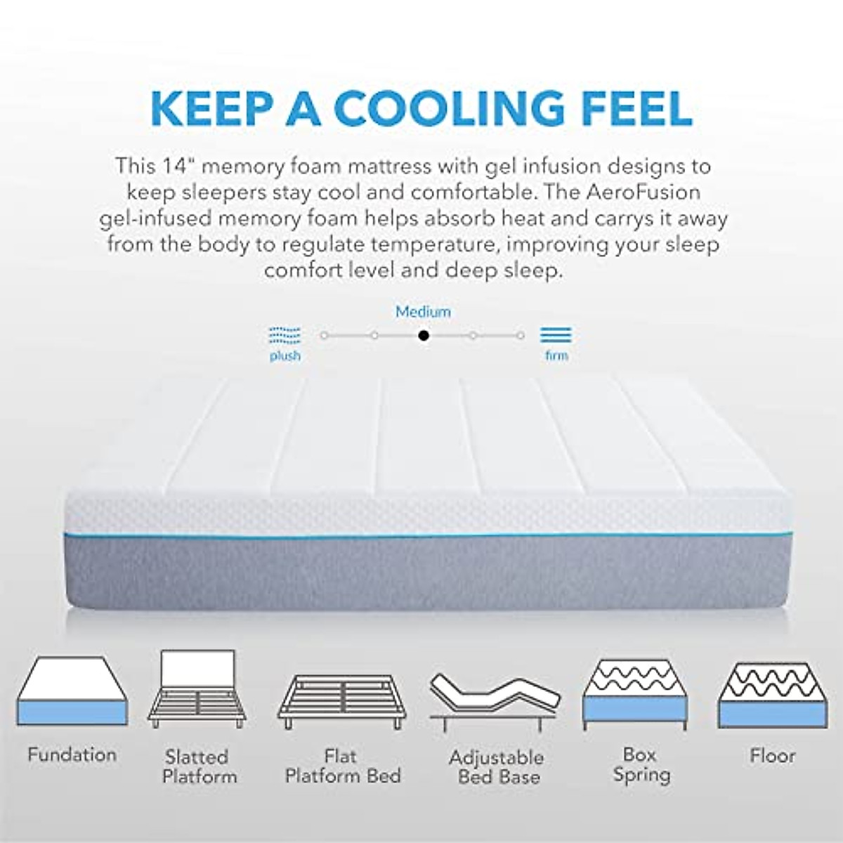 14 Inch King Cooling Mattress, Cooling Gel Memory Foam Mattress in a Box, CertiPUR-US Certified Made in USA, Medium Double Firm Mattress for Pressure Relief, White