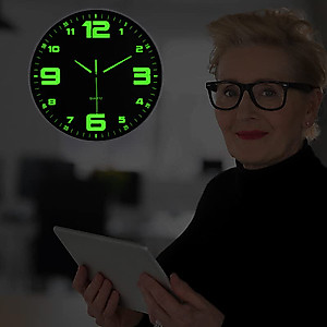 JoFomp Modern Night Light Wall Clock, 12 inch Silent Non-Ticking Clock with Glow in The Dark Function, Battery Operate Lighted Wall Clock for Living Room Kitchen Bedroom Decor (White)