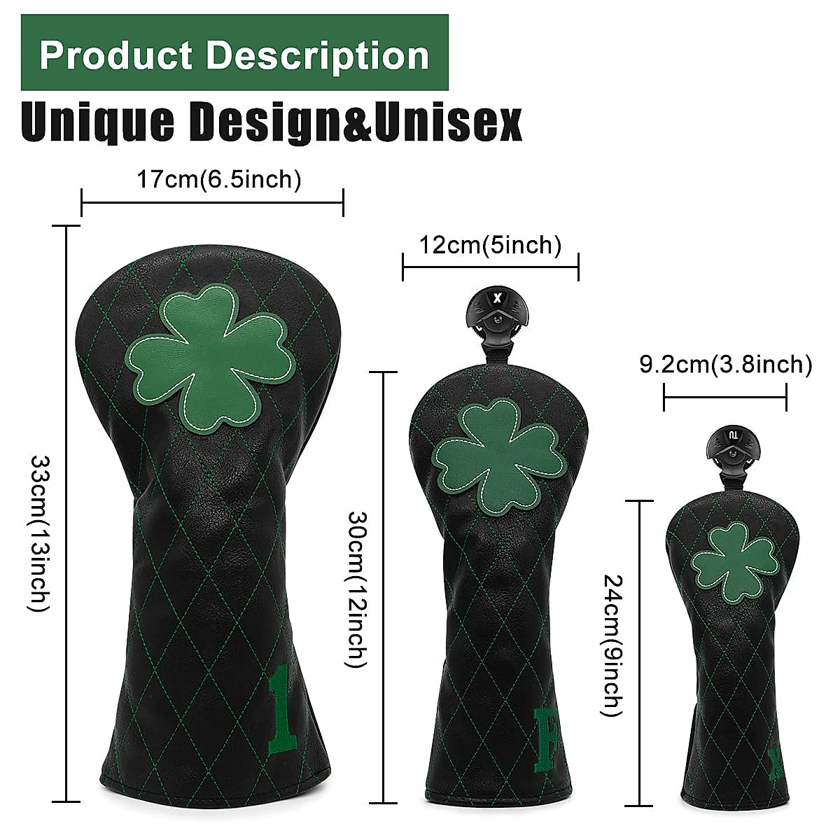 Golf Headcovers Golf Driver Fairway Hybrid Head Cover Golf Blade Mallet Putter Cover Lucky Clover Cross Pattern Premium Leather Driver Fairway(FW) Wood Hybrid(UT) with Number Tags
