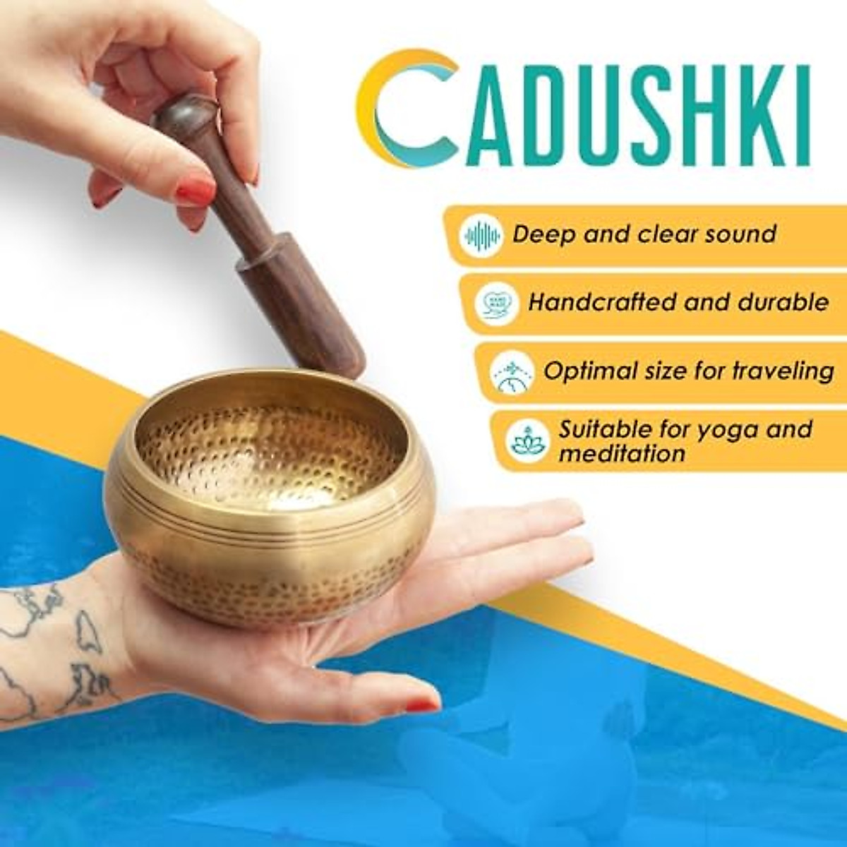 Cadushki Tibetan Singing Bowl Set: 2 Sound Bowls 4.5 inches & 3.3 inches, a Mallet, 2 Cushions and a Nepal Cloth Bag. Meditation Singing Bowl is Suitable for Meditation, Yoga, Healing and Silent Mind