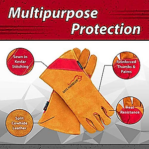 SAFE HANDLER Prime Welding Gloves with Kevlar Thread Protection | Reinforced Thumb and Palm, Heat Resistant for oven, MIG welding, TIG welder, Grill, Fireplace, BBQ, 14 inch, 1 Pair (2 gloves)