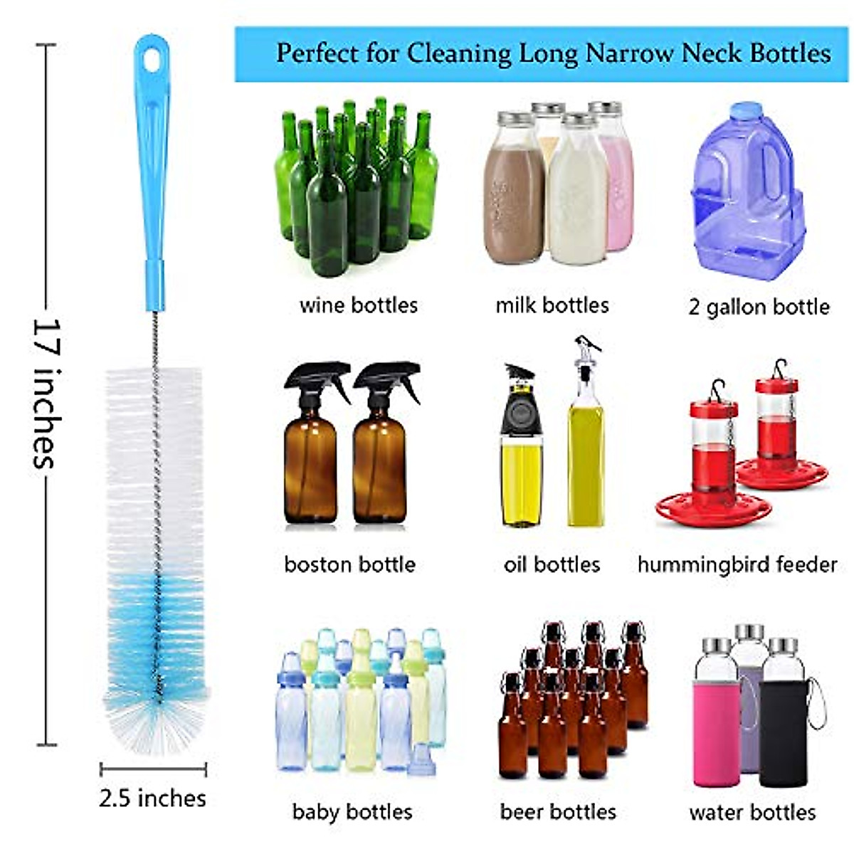 ALINK 8-Pack Bottle Cleaning Brush Set - Long Handle Bottle Cleaner for Washing Narrow Wine/Beer Bottle, Thermos, Hummingbird Feeder, Sport Well, Plus Kettle/Straw Brush