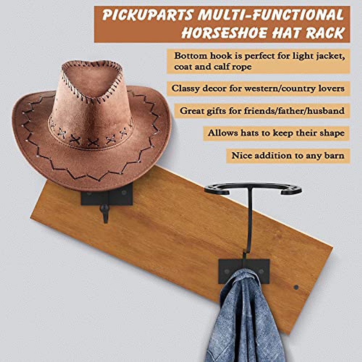 pickuparts Cowboy Hat Rack for Wall Set of 4 Cowboy Hat Holder Rustic Western Horseshoe Hat Hanger with 2 Wooden Board Hat Organizer for Western Wall Decor Collection Cowboys Gifts for Men Dad Him