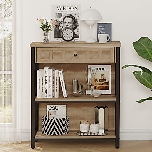 FATORRI Rustic Bookshelf with Drawer, Industrial Wood and Metal Bookcase, Small Book Shelf and Low Book case for Small Space (Rustic Oak)