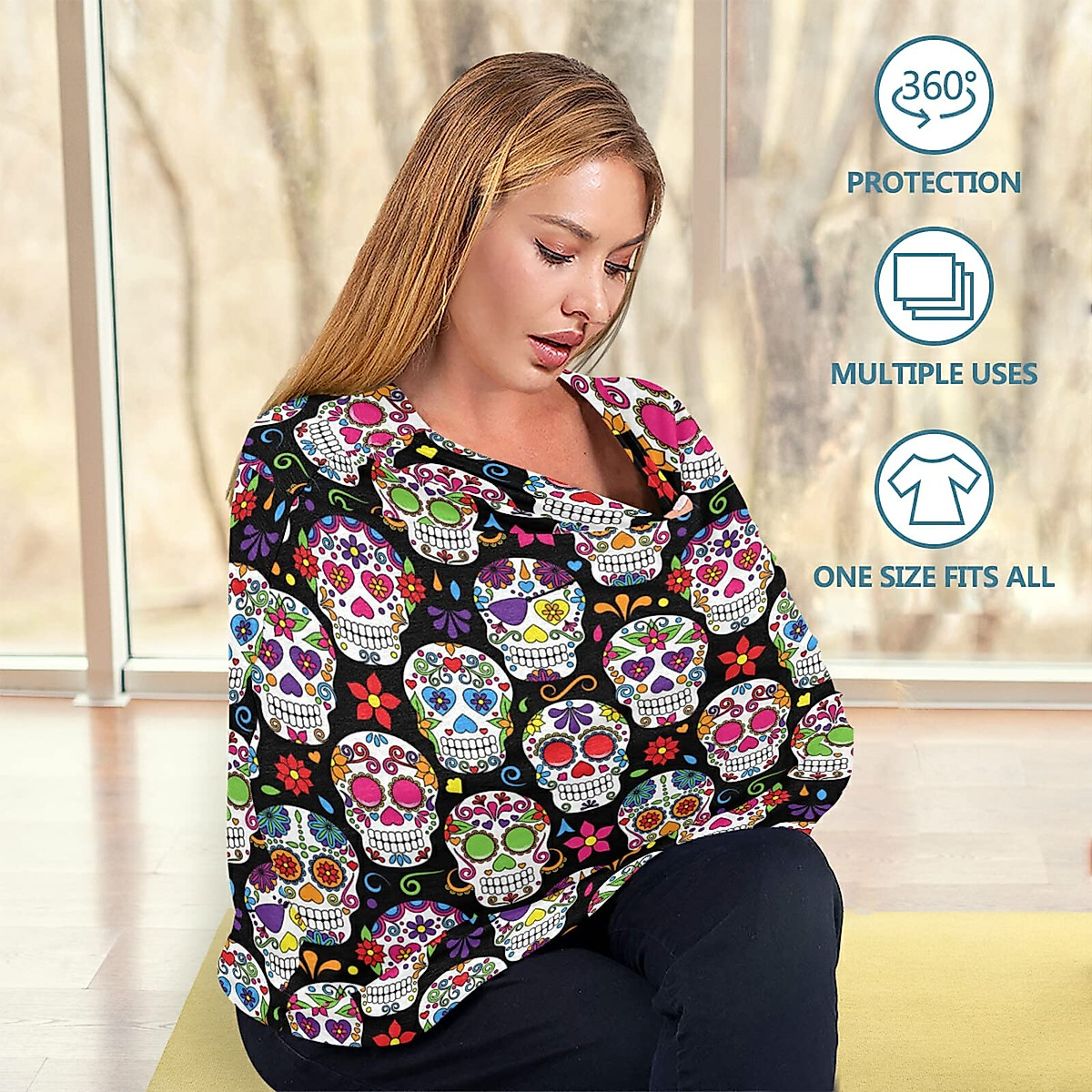 Nursing Cover Breastfeeding Scarf Day of Dead Sugar Skull- Baby Car Seat Covers, Infant Stroller Cover, Carseat Canopy(m)