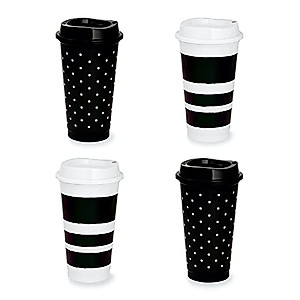 Kate Spade New York Black/White Reusable Travel Tumbler Set of 4, 16 Ounce BPA-Free Plastic Cups with Lids, Coffee Mugs for Hot or Cold Drinks, Dots and Stripes