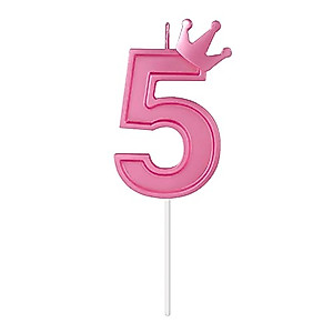 3 Inch Birthday Number Candle, 3D Number Candle with Crown Decor Large Cake Topper Number Candles for Birthday Cakes Wedding Anniversary Graduation Festival Party (Pink, 5)