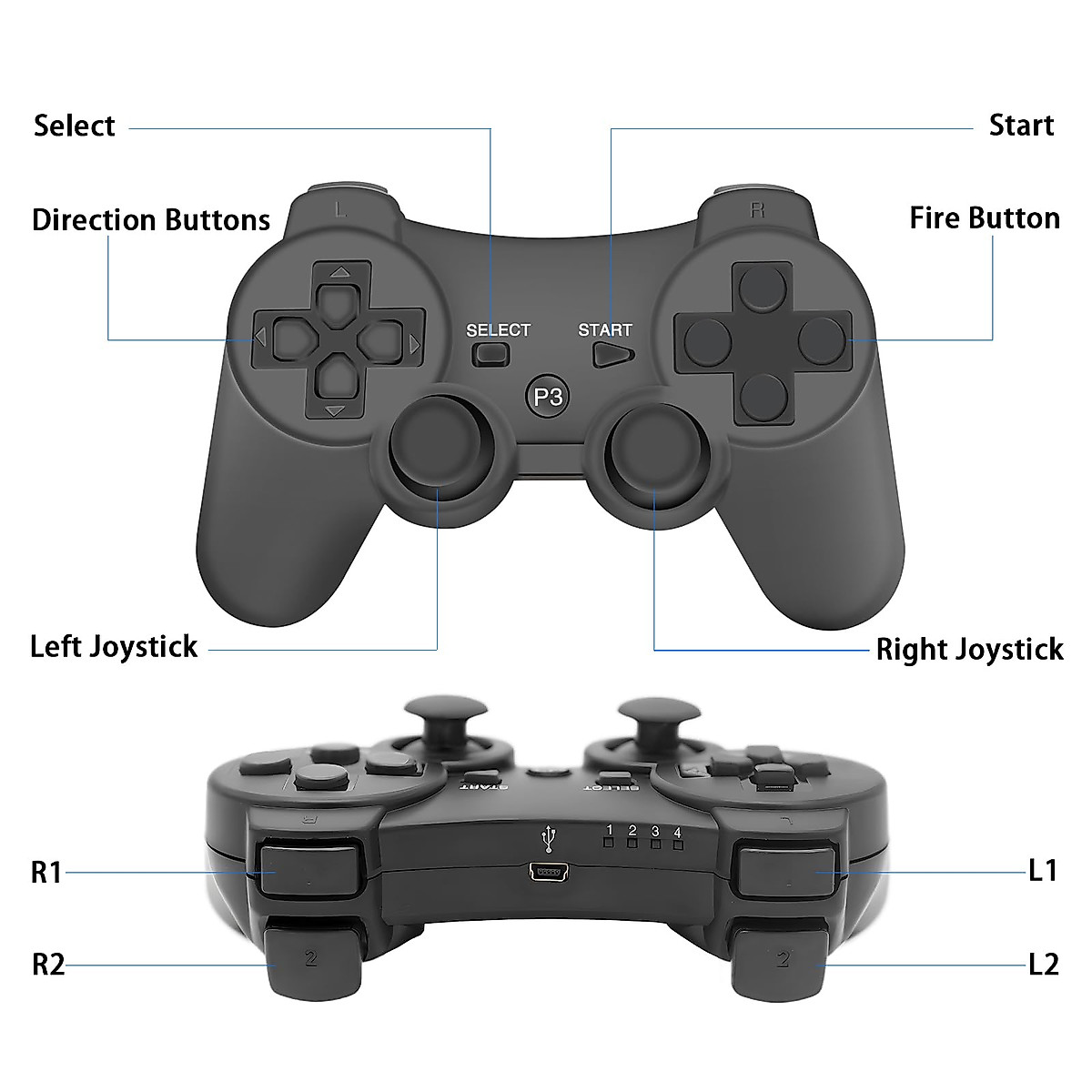 Eagolloar Wireless Controller for PS3, Dual Analog Bluetooth Rechargeable Game Controller for PS3 with Charging Cable,Dual Vibration