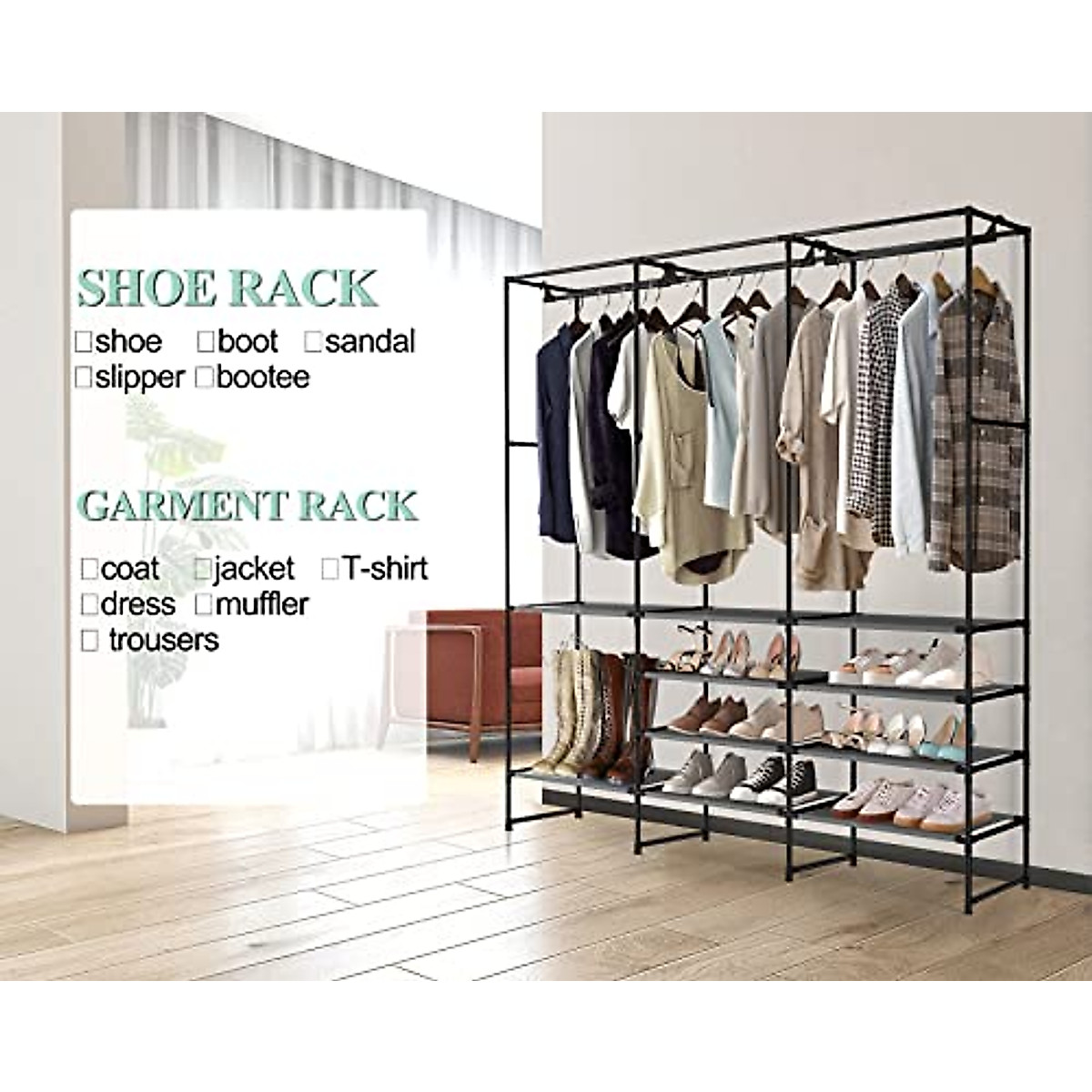 Kertnic 4-Tier Shoe, Boots Rack Storage Organizer for Entryway, Free Standing Black Versatile Shoe Shelf Stand with Coat Hanging Garment Rack for Bedroom (upgrade)