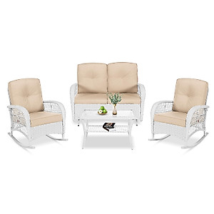 VIVIJASON 4-Piece Outdoor Patio White Wicker Conversation Sets, All Weather Outdoor Rattan Furniture Set Includes Glider Loveseat, Coffee Table, 2 Rocking Chairs with Cushions for Backyard, Beige