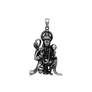 Lord Hanuman Sitting Idol Oxidized Finish Religious Pendant 925 Sterling Silver Jewelry