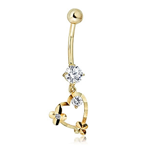 AVORA 10K Yellow Gold Simulated Diamond CZ Dangling Heart Belly Button Ring Body Jewelry (14 Gauge)