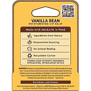 Burt's Bees Vanilla Bean Lip Balm, Lip Moisturizer With Responsibly Sourced Beeswax, Tint-Free, Natural Conditioning Lip Treatment, 1 Tube, 0.15 oz.