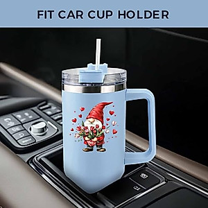 LB LEOBON 40 ounce insulated cup with handle, double-layer vacuum stainless steel material, equipped with straw, can keep warm or maintain cold drinks Gnome Love Bouquet P wathet