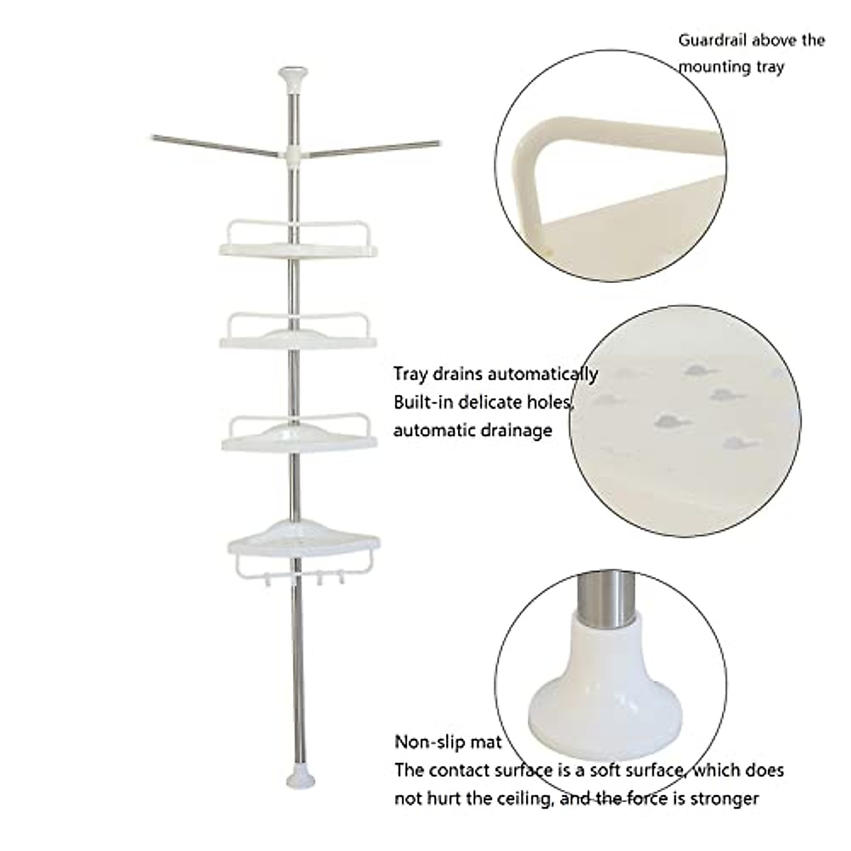 CNCEST 4 Tier Bathroom Shower Storage Shelf Corner Shower Caddy Tension Pole Rust Proof Telescopic Rod Storage Rack Organizer Corner Shower Organizer