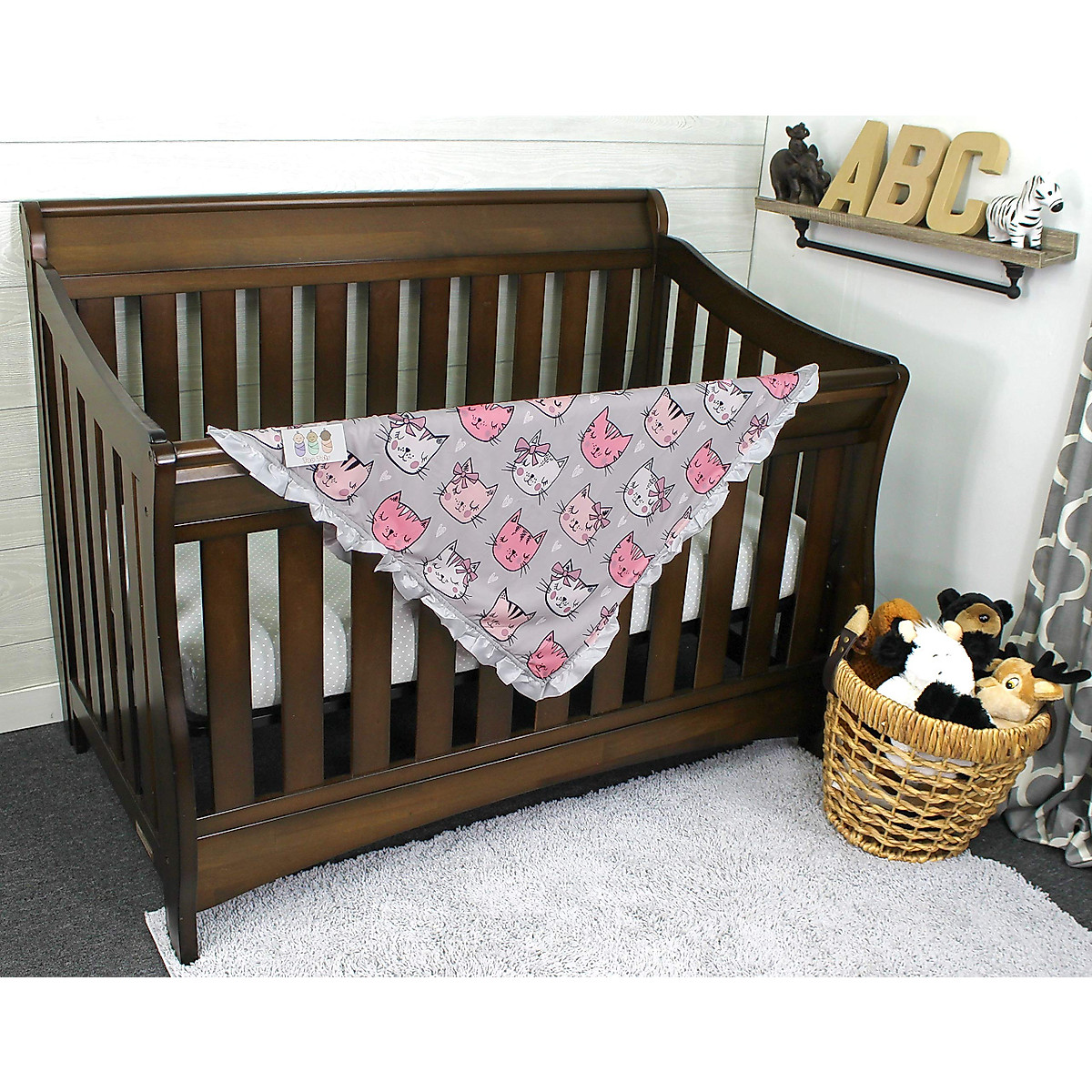 Baby Blanket - Kitty Cats on Grey with Pink Minky Dot and Satin Ruffled Edge