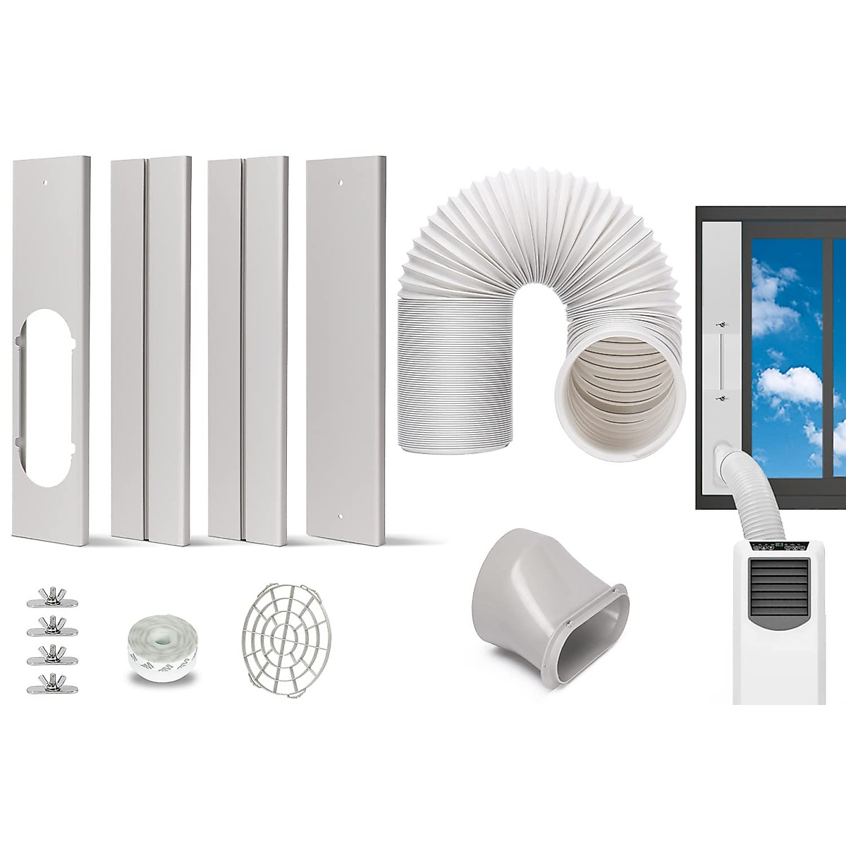 Portable Air Conditioner Window Kit, Adjustable Window Vent Kit Seal Plates with 5.9” Exhaust Hose Duck Coupler for A/C Replacement Window Sliding Set
