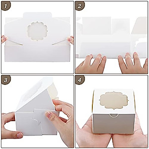 TOMNK 100pcs 4 Inches White Bakery Boxes Cookie Boxes Kraft Baking Box with Window for Cupcakes Candy Chocolate Strawberries Muffins Donuts and Party Favor 4x4x2.5 Inches