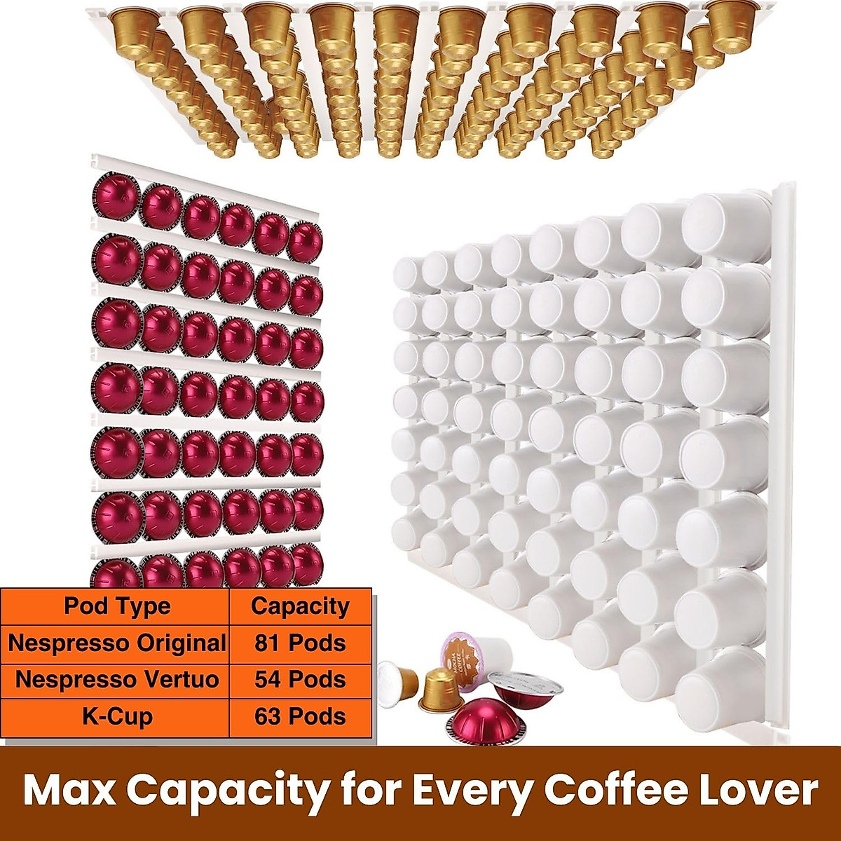 Coffee Pod Holder, K Cup Holders for Counter,10 PCS Coffee Pods Storage/Organizer,Wall Mount Coffee Pod Holder with Adhesives,Under Cabinets-White