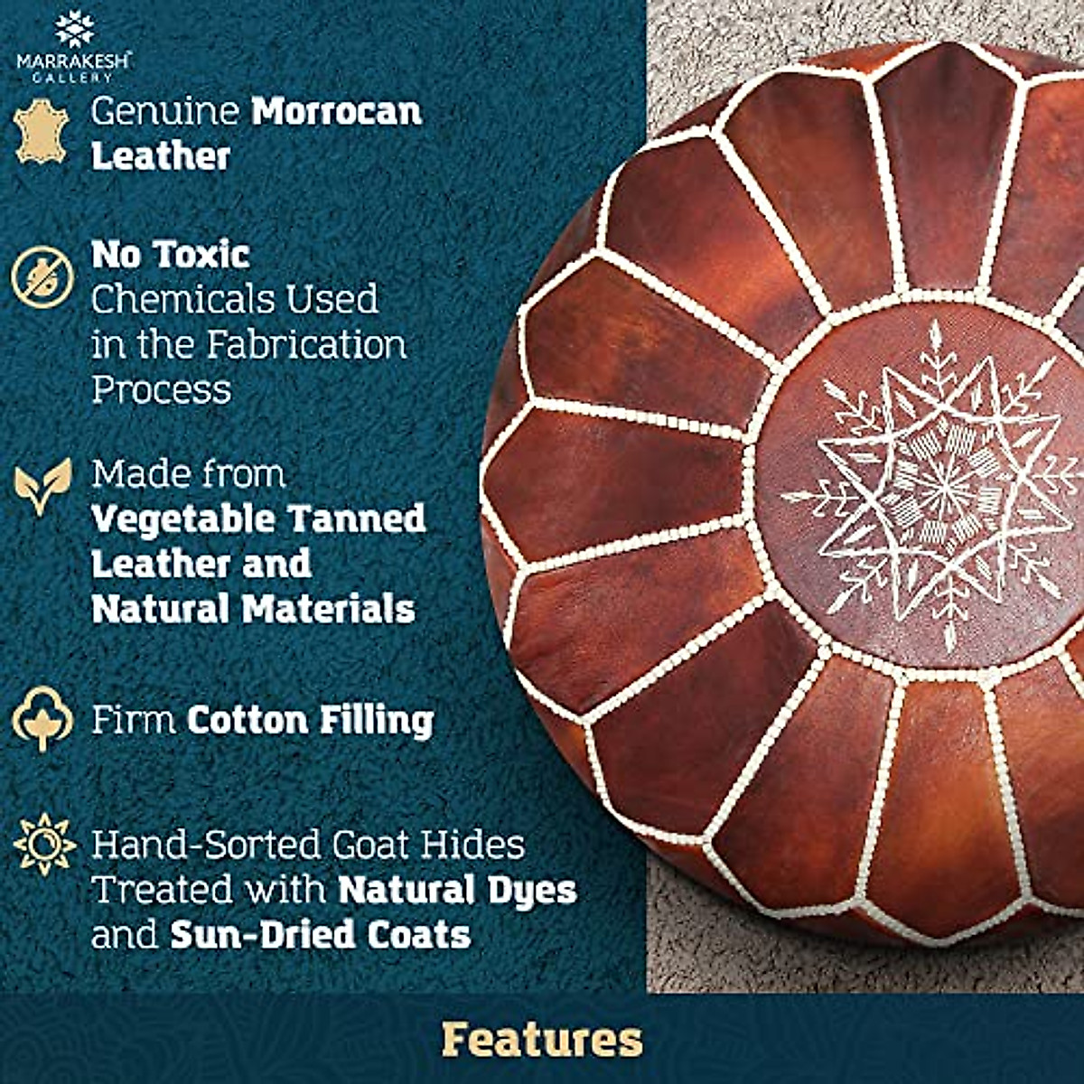 Marrakesh Gallery Genuine Leather Pouf Unstuffed - Moroccan Ottoman Footstool, Footrest Cover - Boho Decor - Bohemian Living Room, Bedroom, Kids Room, Gift & Wedding (Dark Brown)