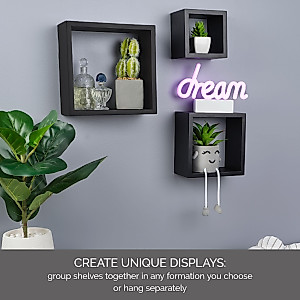 Melannco Floating Wall Square Cube Shelves for Bedroom, Living Room, Bathroom, Kitchen - Wood, Set of 3, Black