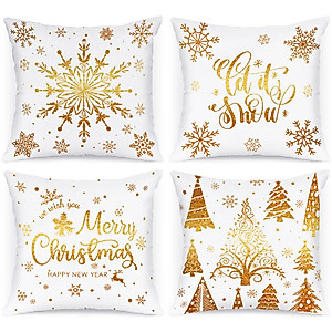 Lanpn White and Gold Bronzing Christmas Throw Pillow Covers 20x20 Set of 4, 20 inch Decorative Xmas Cushion Covers Pillow Cases 20 x 20 for Home Bedroom Room Holiday Couch Decor Decorations