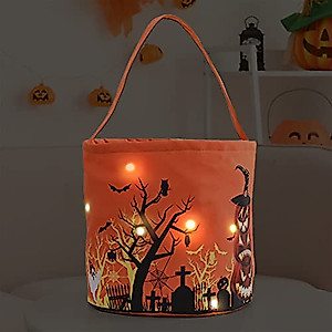 Cqueni Halloween Trick or Treat Candy Bags LED Light Up Pumpkin Bucket, Collapsible Reusable Candy Basket, Fabric Tote Gift Bags for Halloween Parties