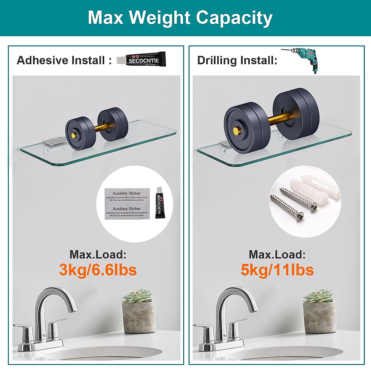 Koilria Glass Shelves, Glass Shower Shelves for Bathroom Tempered Glass Floating Shelves for Wall with Aluminum Brackets, 2 Tiers, 15 x 5 Inches, Drill or No Drill Install