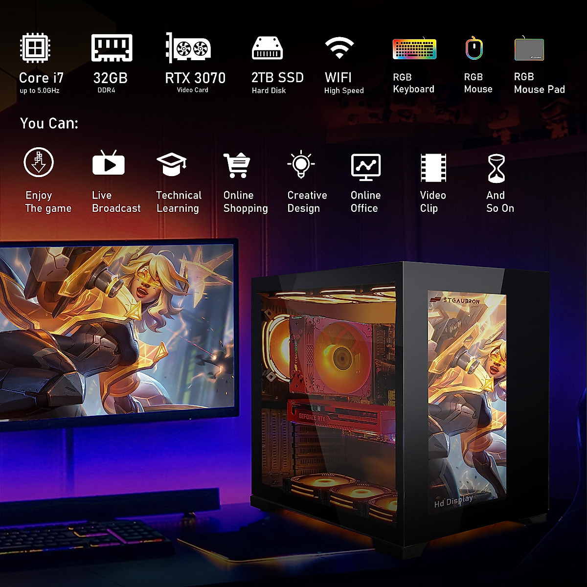STGAubron Gaming Desktop PC,Intel Core i7-11700KF up to 5.0G,32G DDR4,2T SSD,GeForce RTX 3070 8G GDDR6,600M WiFi,BT 5.0,RGB Fan x 9,RGB Keyboard&Mouse,RGB Mouse Pad,W11H64