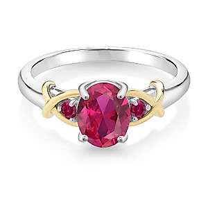 Gem Stone King 2 Tone 925 Sterling Silver and 10K Yellow Gold Oval Red Created Ruby Ring For Women (1.45 Cttw, Available In Size 5, 6, 7, 8, 9)