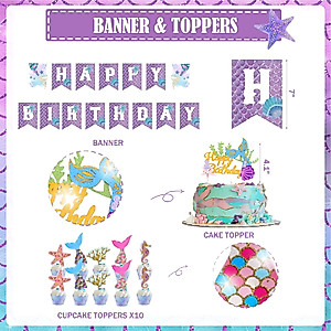 Fiesec Mermaid Birthday Party Decorations, Mermaid Backdrop Balloon Garland Arch Cutout Banner Tablecloth Cake Cupcake Topper Seashell Mermaid Tail Gold Teal Blue Purple 113 PCs
